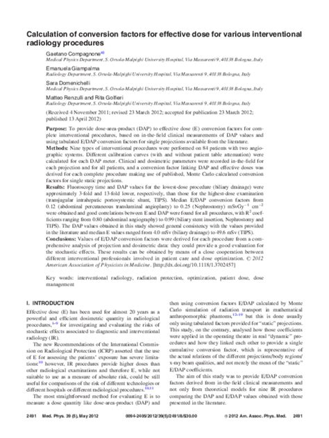 Pdf Calculation Of Conversion Factors For Effective Dose For Various Interventional Radiology