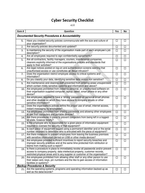 Cyber Security Checklist V1 0 Download Free Pdf Security Computer Security
