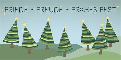 Friede Freude Frohes Fest 독일어 텍스트 평화 기쁨 해피 홀리데이 크리스마스 트리와 인사말 카드입니다