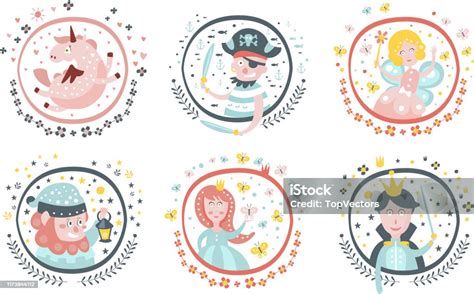 귀여운 유치 한 동화 만화 캐릭터 세트 사랑스러운 유니콘 요정 해적 노움 마법사 공주 장식 디자인 요소 벡터 일러스트 공주에 대한 스톡 벡터 아트 및 기타 이미지 Istock