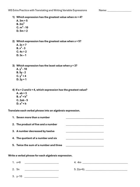 Wsextrapracticewithtranslatingandwritingvariableexpressionsname 2 Pdf