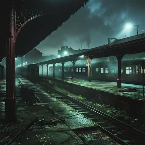 A Train Station At Night With A Train On The Tracks Premium Ai