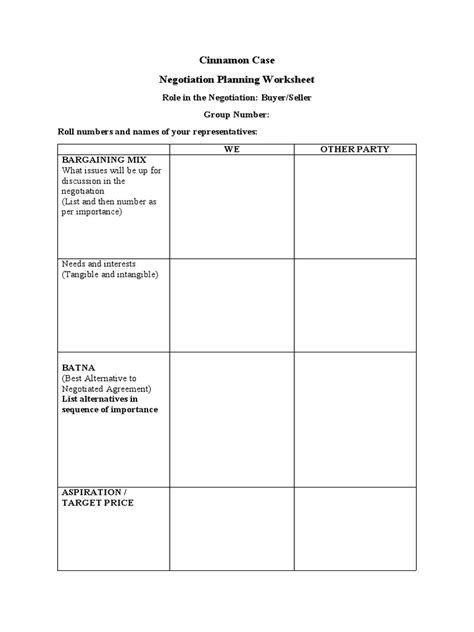 Negotiation Planning Worksheet Cinnamon Case Pdf Worksheets Library