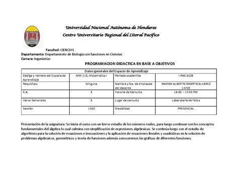 Programacion Didactica Basada En Objetivos Matematica I Mm 110 I Pac
