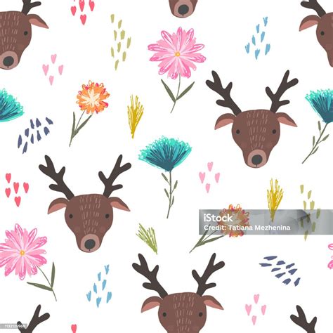 Deers 점 및 꽃 귀여운 만화 패턴 0명에 대한 스톡 벡터 아트 및 기타 이미지 0명 갈색 귀여운 Istock