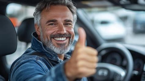 A Happy Driver Shows Enthusiasm With A Big Smile And A Thumbsup Inside