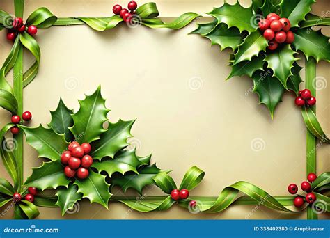Christmas Border With Holly And Ribbons For Festive Decorations Stock