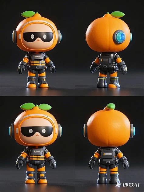 可爱的橙子，拟人，机械，款式新颖，科技服装材质，柔光，透明灯光，3d建模，oc渲染，盲盒玩具，uhd，三视图，正视图，侧视图，背视图 10 花瓣网