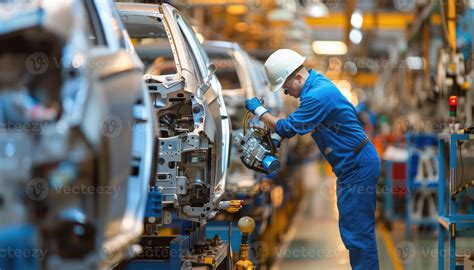 Worker Assembling A Car Body On A Factory Assembly Line 52749281 Stock