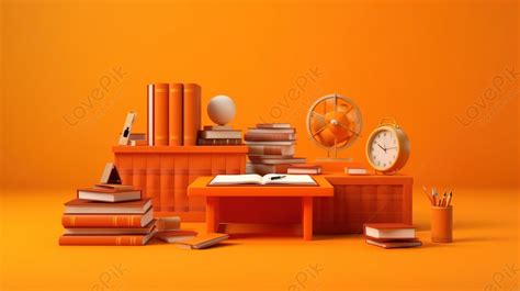 학교 현장을 강화하는 생생한 오렌지색의 3d 책과 책상 가르치는 배경 학교 배경 현장 배경 이미지 Hd 가르치는 학교 현장 배경 사진 무료 다운로드 Lovepik