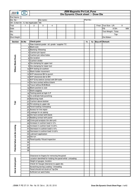 Die Dynamic Buyoff Check Sheet For Air Cushion Dies Pdf Secondary