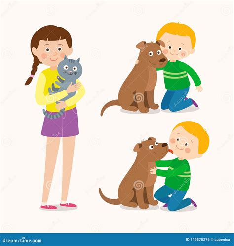 子项和宠物 孩子爱恋拥抱他的爱犬 舔男孩` S面颊的小犬座 猫女孩她少年 人兽交 向量例证 插画 包括有 拥抱 少许 119575276