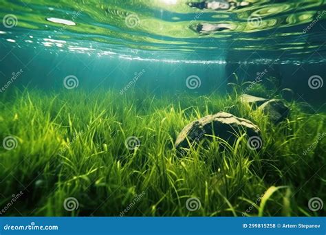 Underwater Grass Long Seaweed In Dark River Water Overgrown Stream