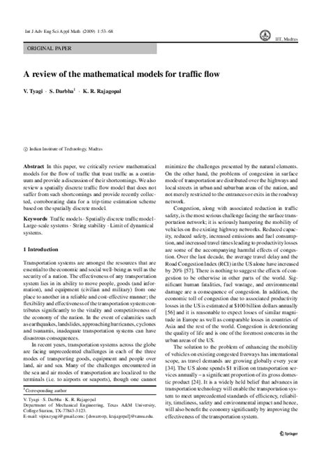 Pdf A Review Of The Mathematical Models For Traffic Flow