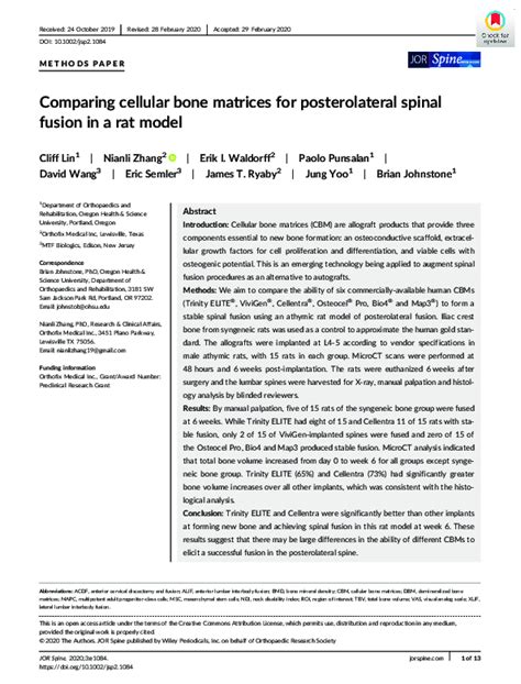 Pdf Comparing Cellular Bone Matrices For Posterolateral Spinal Fusion