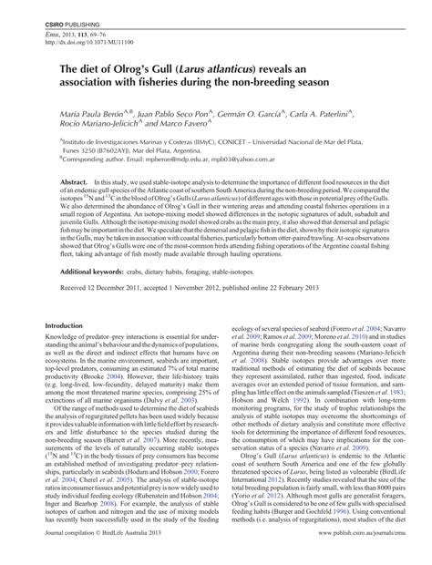 Pdf The Diet Of Olrog´s Gull Larus Atlanticus Reveals An