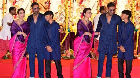 Kajol Poses With Ajay Devgn And Son Yug At North Bombay Durga Puja Pandal