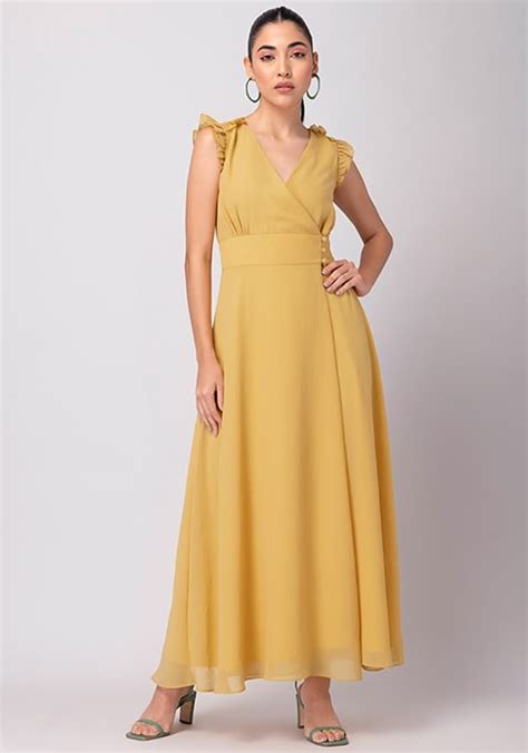 Buy Women Yellow Ruffle Sleeve Wrap Maxi Dress Date Night Dress Online India FabAlley