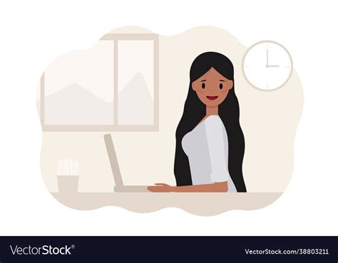 A Young Woman Working At Laptop Royalty Free Vector Image