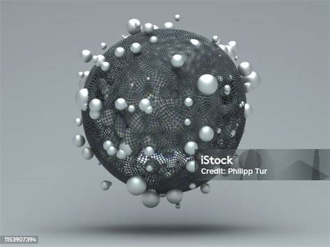 3d 렌더링 금속 소재 유리 재료 내부와 흰색 작은 은색 공 주위에 와이어 구조와 추상 추상 3d 볼 어두운 회색 배경 0명에