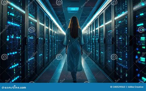 Woman Walking In Dark Server Room Concept Of Data Technology And Network Stock Illustration