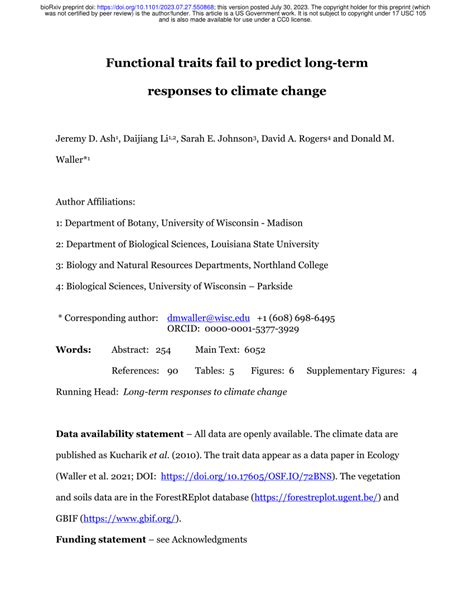 Pdf Functional Traits Fail To Predict Long Term Responses To Climate