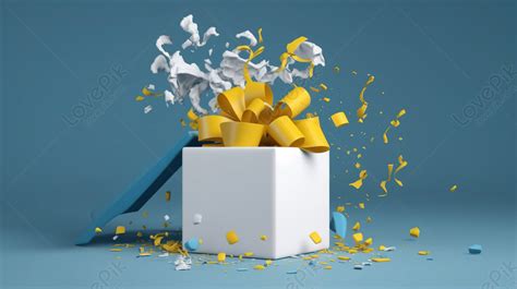 노란 리본이 달린 파란색 배경에 놀라운 3d 렌더링된 선물 상자 폭발 파란 리본 배경 노란 배경 포장 상자 배경 이미지 Hd 파란 리본 노란 포장 상자 배경 사진