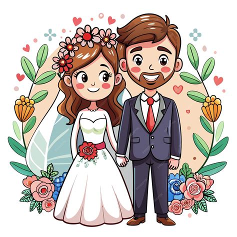Cartoon Bride And Groom With Floral Border Premium Ai Generated Vector