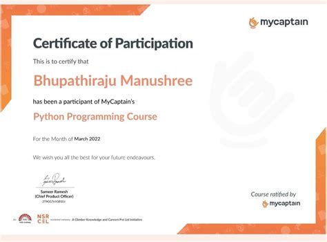 Successful Completed Python Course On March 2022 In Mycaptain