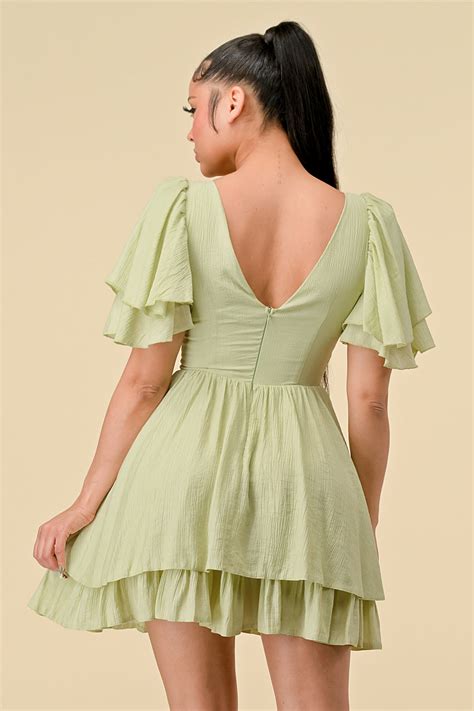 Sage Short Ruffle Sleeve V Neck Mini Dress For 4999 The Dress Outlet