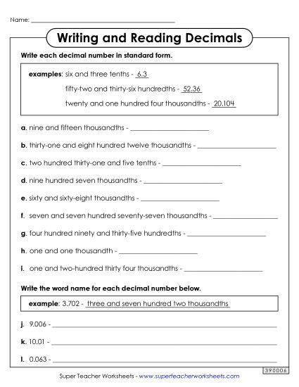 Writing Decimals In Words Worksheets Decimal Word Problem Worksheet