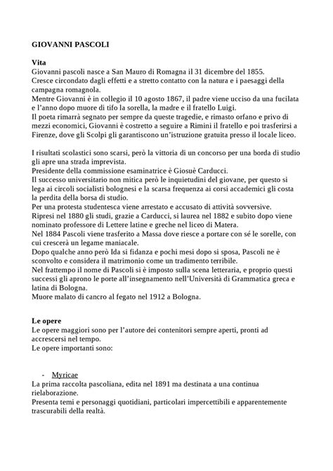 Appuntiriassunti Di Giovanni Pascoli Docsity