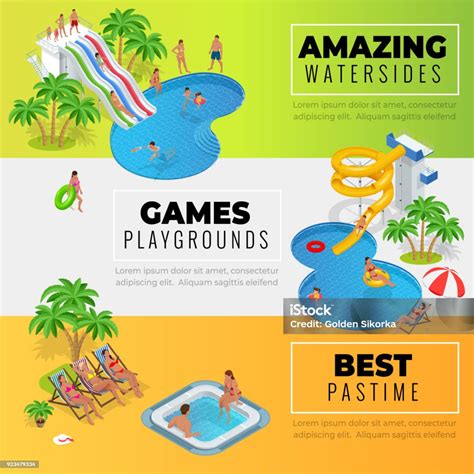Aquapark 수평 웹 다른 워터 슬라이드 가족 워터 파크 힐스 튜브 배너 및 풀 아이소메트릭 벡터 일러스트 레이 션 웹 사이트 광고 배너 포스터 보드 인쇄를 위한 디자인