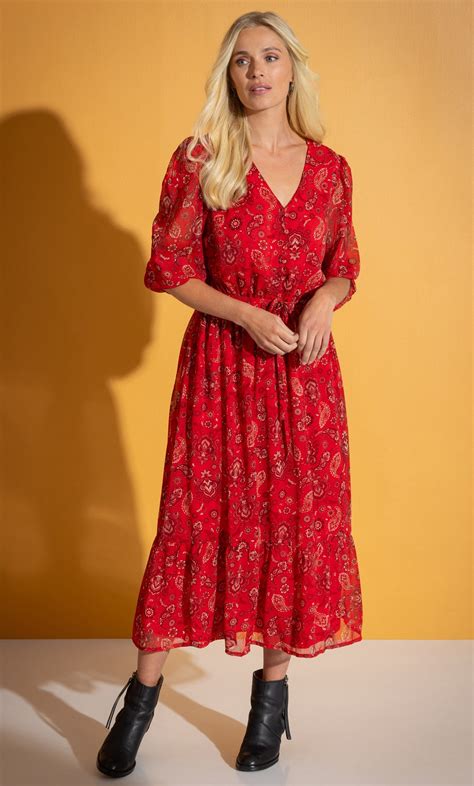Paisley Print Chiffon Maxi Dress In Red Klass