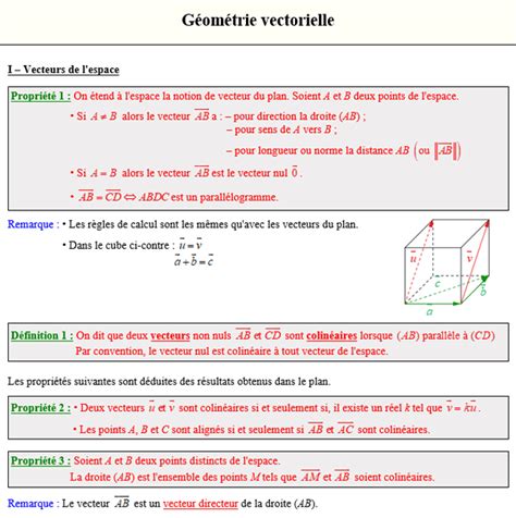 Cours Maths Terminale Vecteurs De L Espace