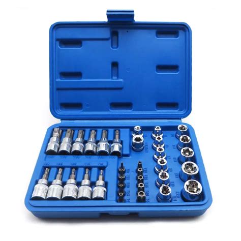 34PC Torx Star Sockets And Bit Set Female E Torx Security Bits 3 8