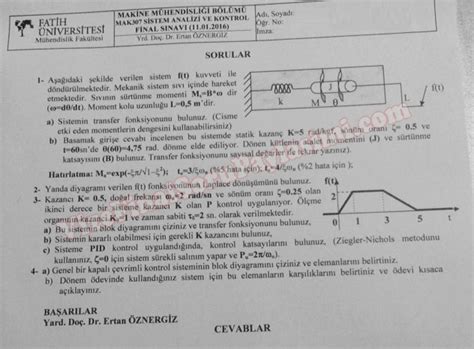 Sistem Analizi ve Kontrol Dersi Final Soruları 2016 Vize ve Final