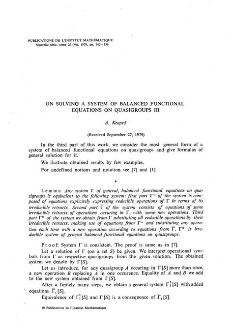 Pdf On Solving A System Of Balanced Functional Equations On