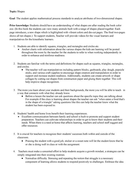 Learning Indicators Assignment Topic Shapes Goal The Student