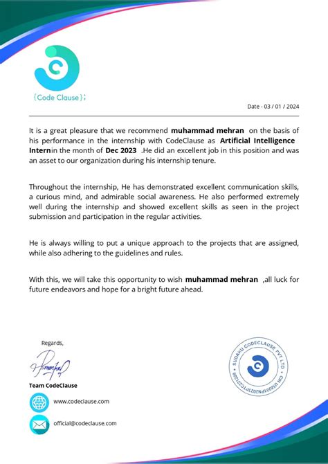 appreciating codeclause recommendation for ai internship muhammad