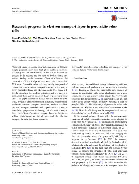 Pdf Research Progress In Electron Transport Layer In Perovskite Solar