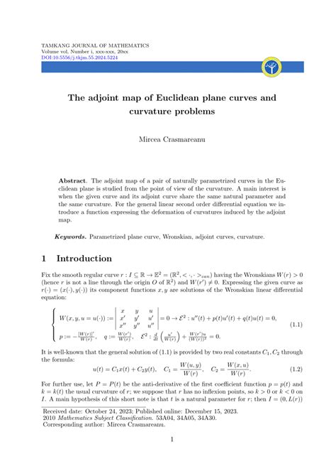 Pdf The Adjoint Map Of Euclidean Plane Curves And Curvature Problems