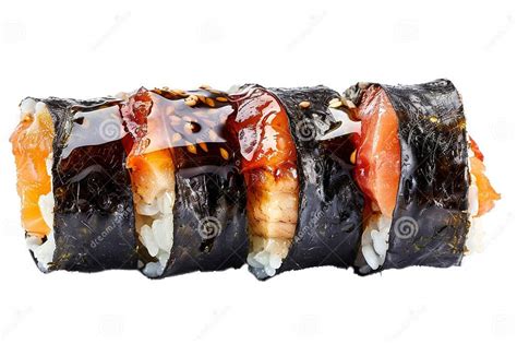 Salmon Eel Sushi Roll Isolated Unagi Sake Brown Sauce Sesame Nori