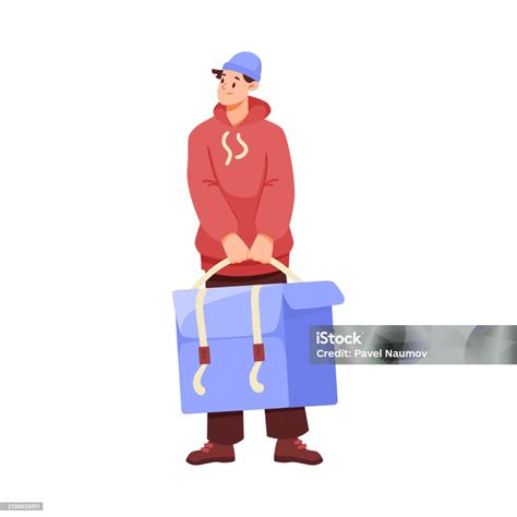 Goods Delivery 와 남자 운반대 또는 택배 에서 모자 일 나르다 부대 벡터 일러스트 가방에 대한 스톡 벡터 아트 및