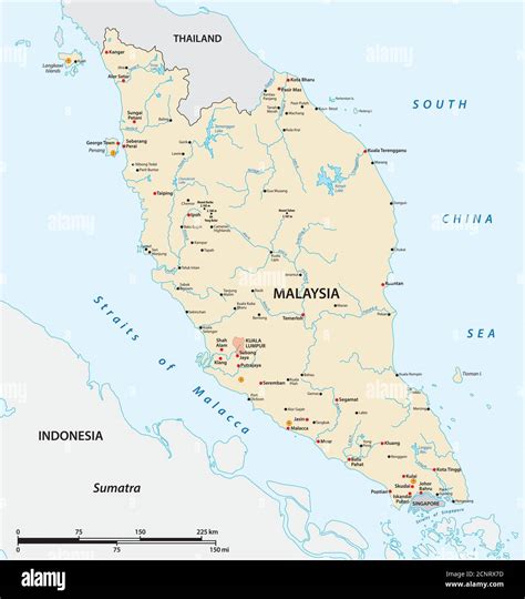 Carte Vectorielle De La Péninsule Malaise Avec Les Principales Villes
