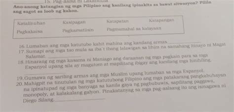 Solved 15 Pag Aalsa Ni Lakandula Ano Anong Katangian Ng Mga Pilipino