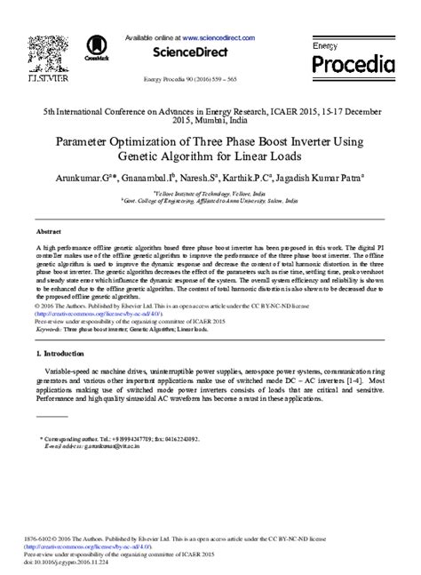 Pdf Parameter Optimization Of Three Phase Boost Inverter Using Genetic Algorithm For Linear Loads