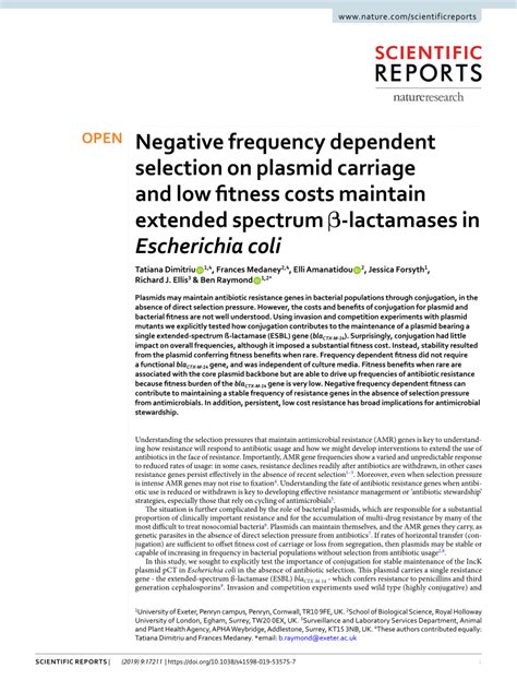 Pdf Negative Frequency Dependent Selection On Plasmid Carriage And Low Fitness Costs Maintain