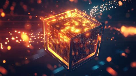 Futuristic Glowing Cube With Digital Sparks For Technology And