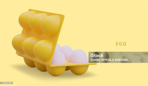 노란색 배경에 달걀의 3d 트레이 음식 조리를 위한 천연 성분 3차원 형태에 대한 스톡 벡터 아트 및 기타 이미지 3차원 형태 가금류 가득 찬 Istock